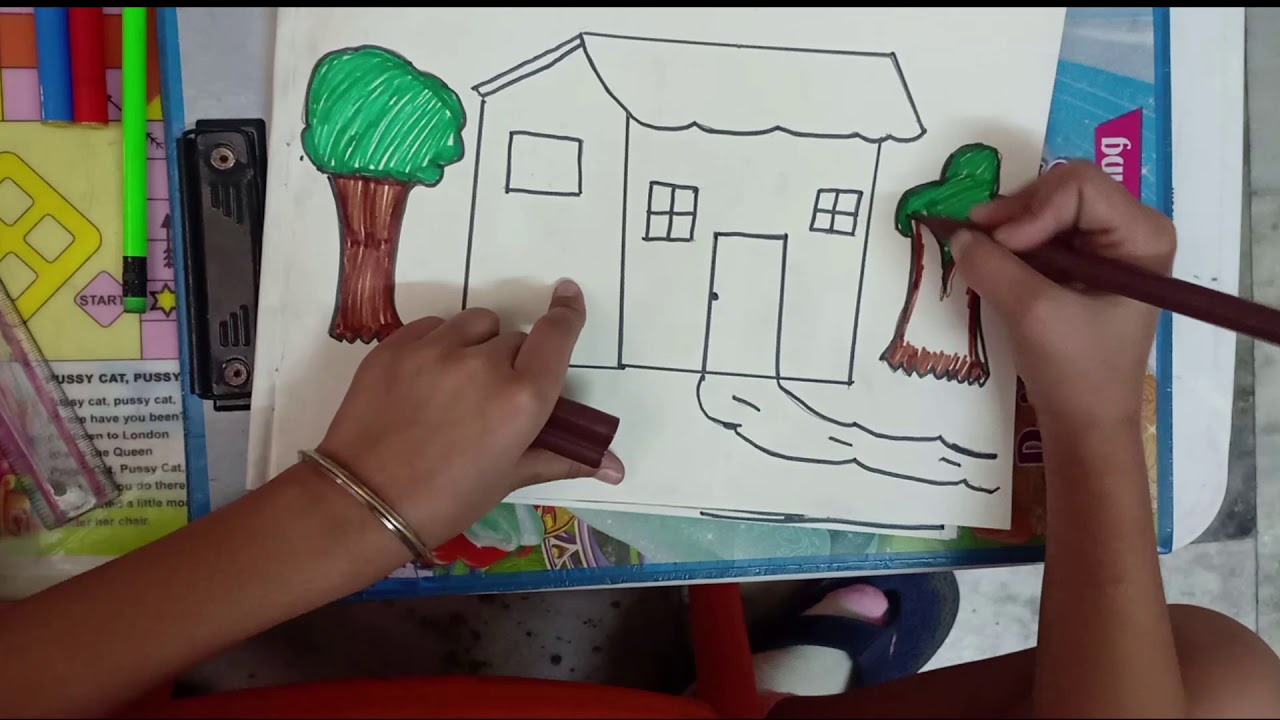How To Hut Drawing With Tree For Kids With Tree__Hut Drawing For Kids ...