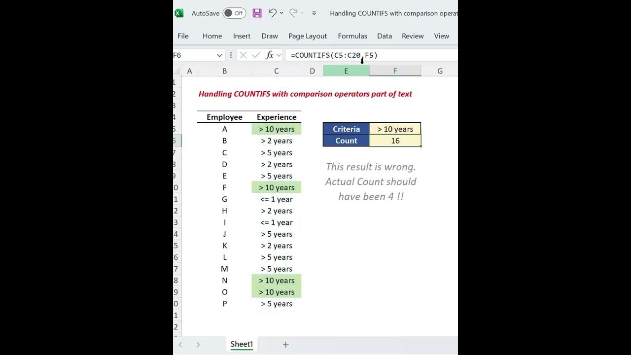 Handling COUNTIFS with comparison operators part of text - YouTube
