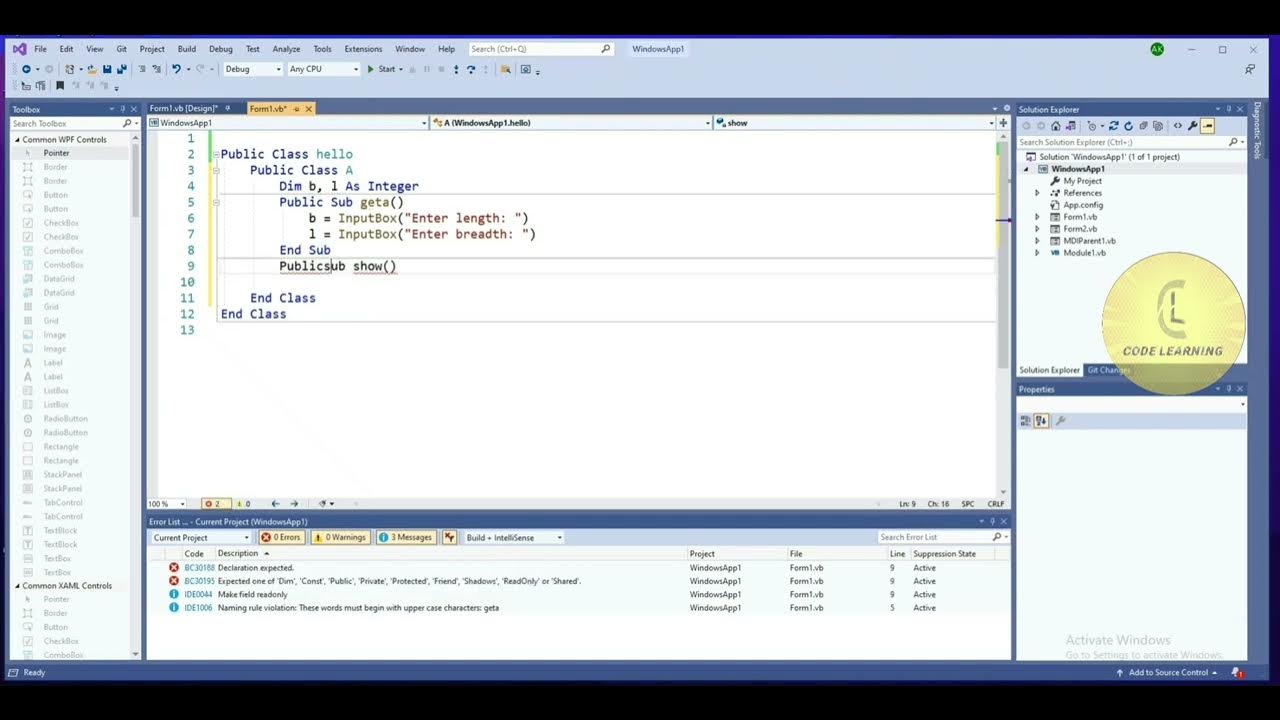 VB.NET | Class & object 'Find area of rectangle' | CodeLearning - YouTube