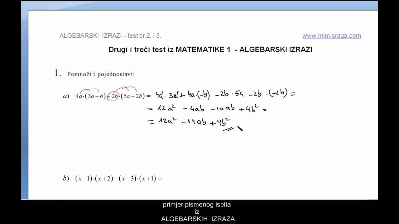 Algebarski izrazi - zadaci sa testa - osnovne algebarske operacije za ...