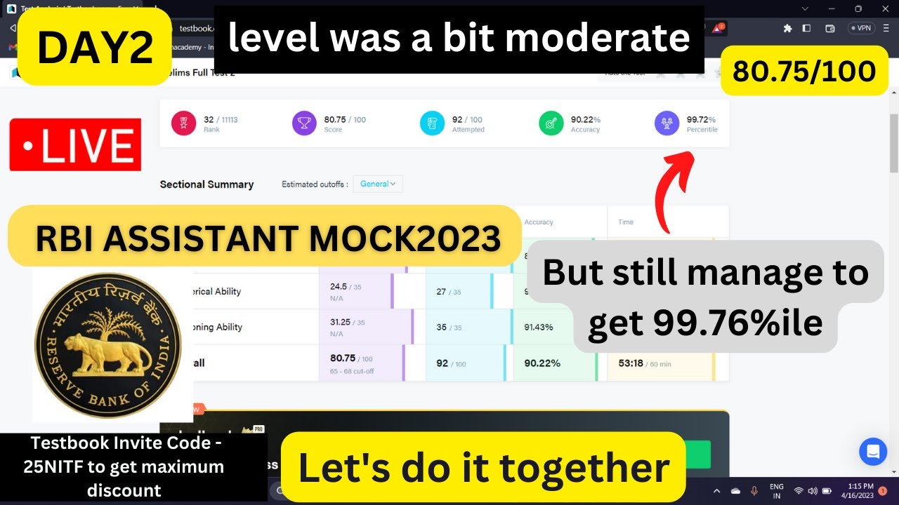 RBI ASSIST FULL MOCK DAY-2 got 99%tile 80.50/100 marks || let's do it ...