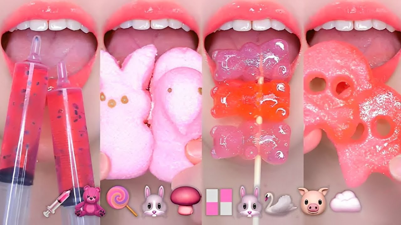 PINK ASMR CANDY 🌺 🍭🍡🧁👅🍑 EMOJI MUKBANG CHALLENGE 😋 - YouTube