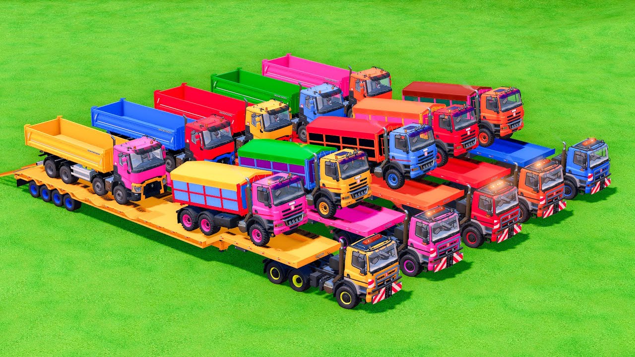 Transporting Double Flatbed Trailer Truck vs Mixer Trucks vs Cars vs ...