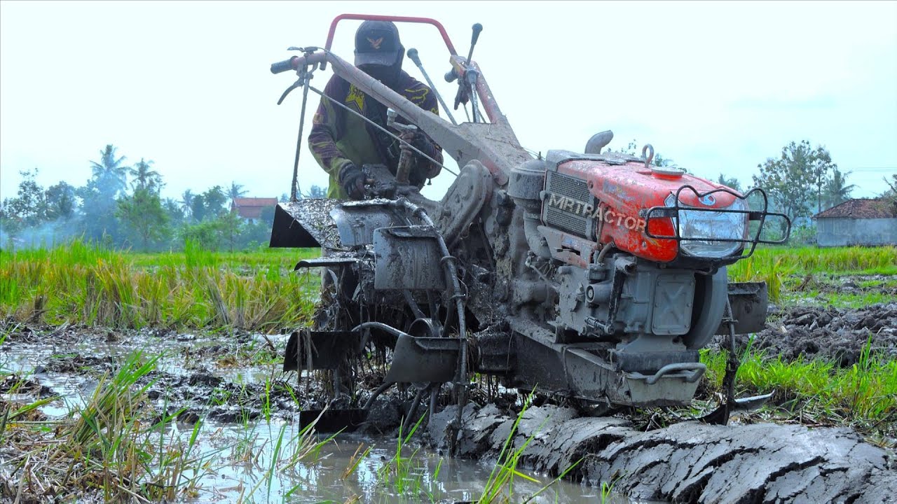 Farmer Using A Powerfull Hand Tractor Tilling Preparing Rice Plantation ...