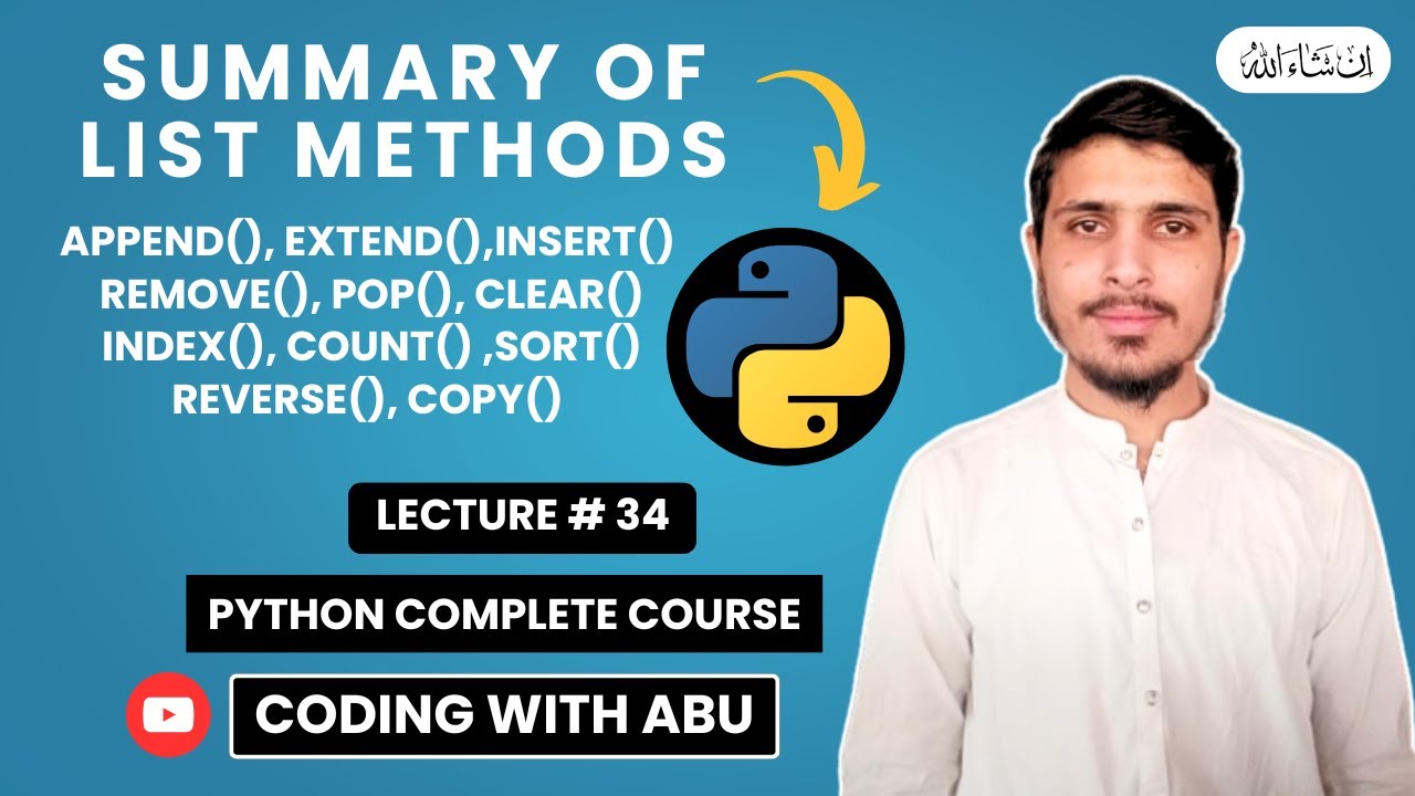 Summary Of List Methods In Python || Lecture # 34 || Python Simplified : Complete Course - YouTube