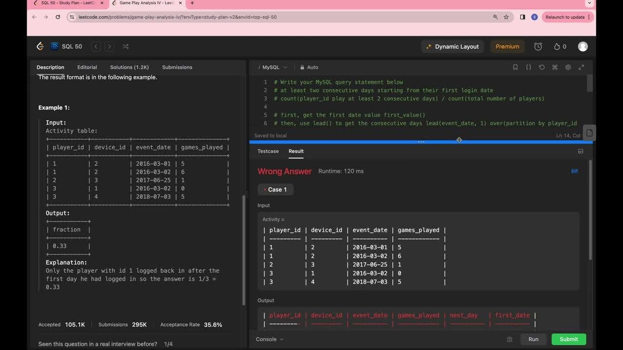 Leetcode Sql 50 1550 Game Play Analysis Iv Solution Youtube