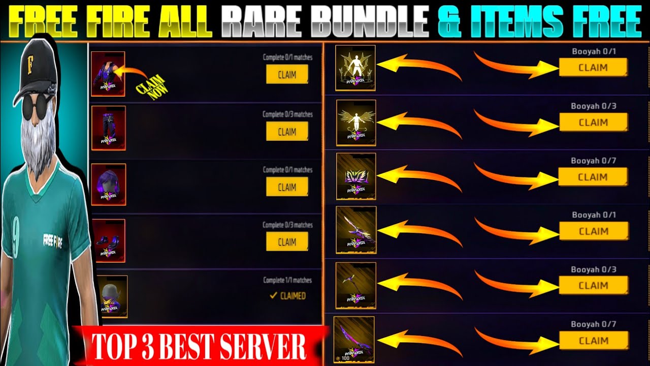 FREE FIRE ALL RARE BUNDLE AND RARE ITEMS FREE SERVER | FREE FIRE TOP 3 BEST SERVER | FF BEST ...