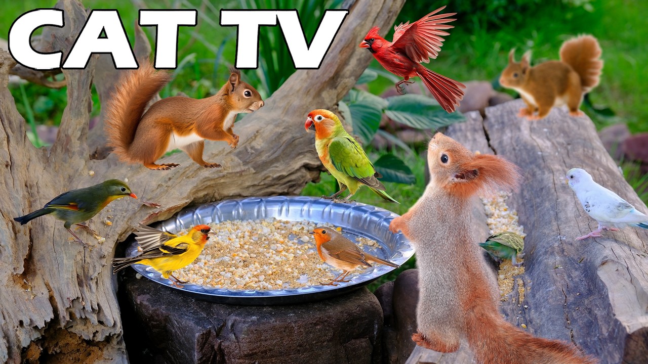 CAT TV FOR CAT TO WATCH 😸📺 Birds and Squirrels Face Off for a Meal at ...