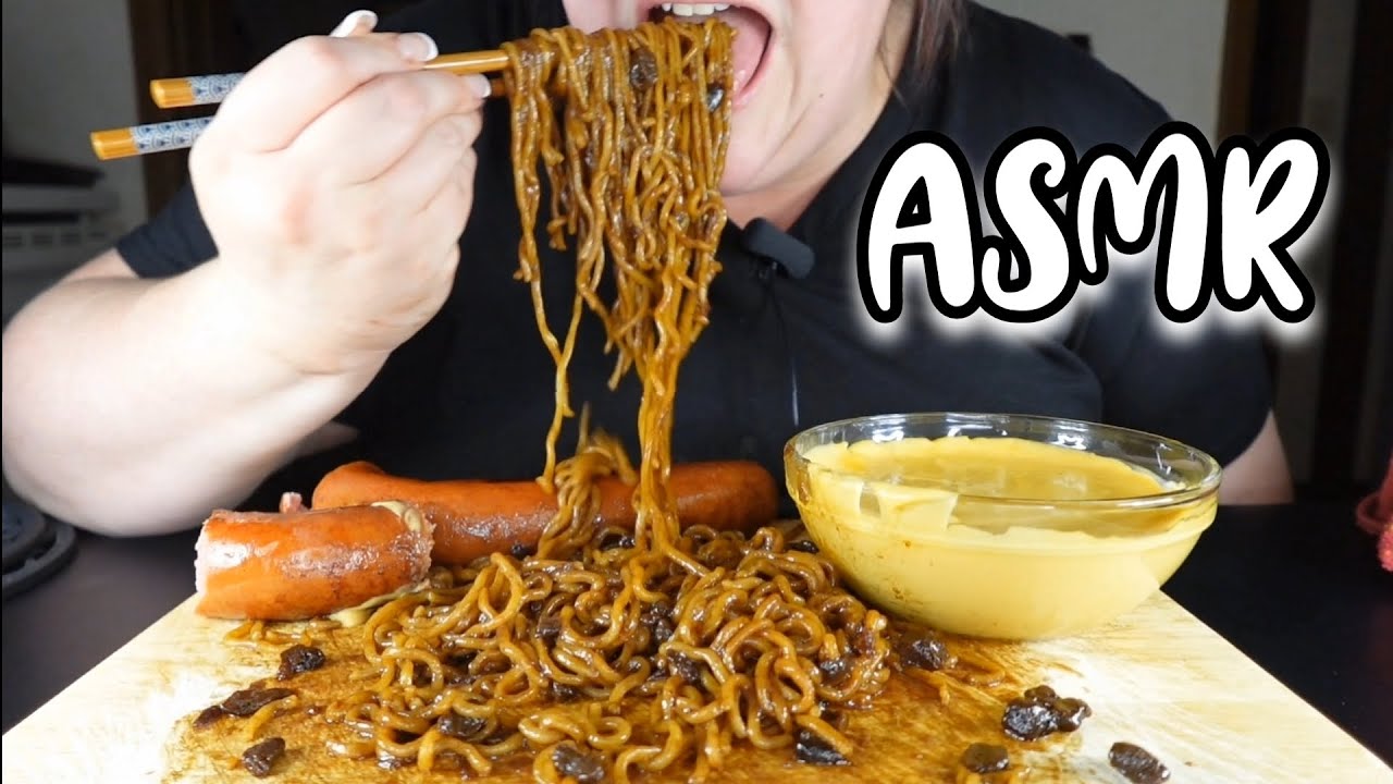 ASMR BLACK BEAN NOODLES AND CHEESY KIELBASA! - YouTube