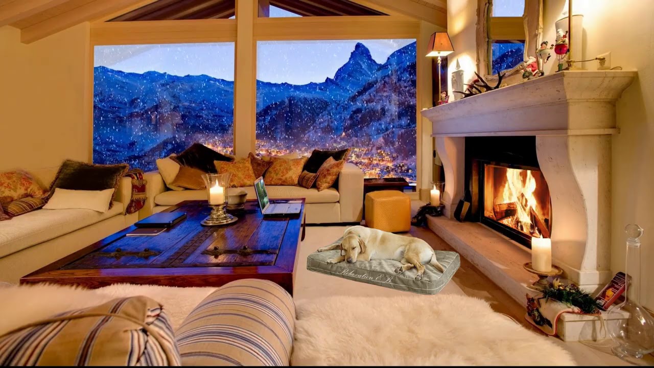 Snow Falling - Cozy Fireplace Crackling Sounds With Beautiful View ...