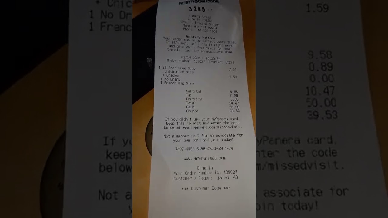 my Panera receipt with bathroom code - YouTube
