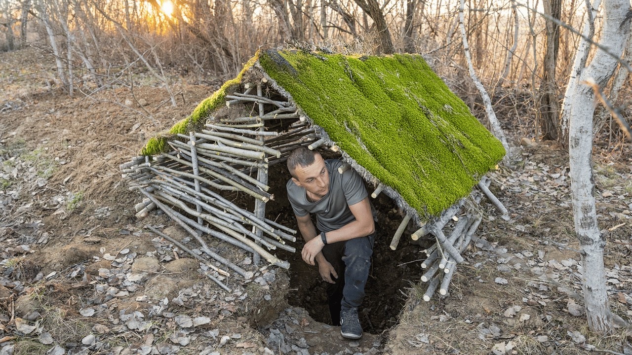 Building a Warm and Cozy Hut for Survival. Meeting with a wild boar ...