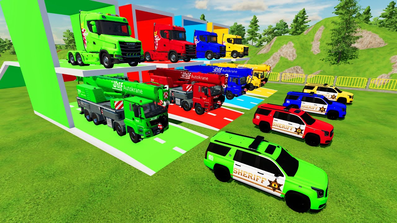 TRANSPORTING COLORED POLICE CAR,CRANE TRUCK TO GARAGE WITH SCANIA TRUCK ...