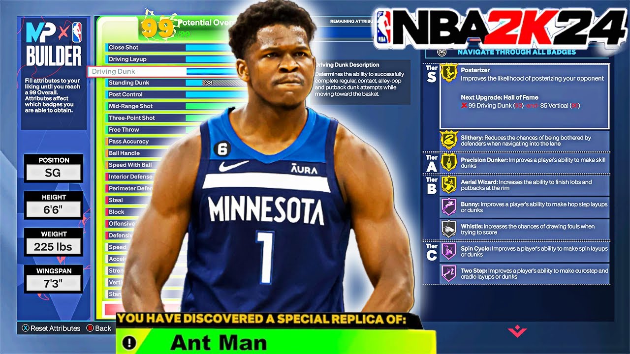 NBA 2K24 ANTHONY EDWARDS BUILD - 93 DRIVING DUNK + 85 MID RANGE + 85 ...