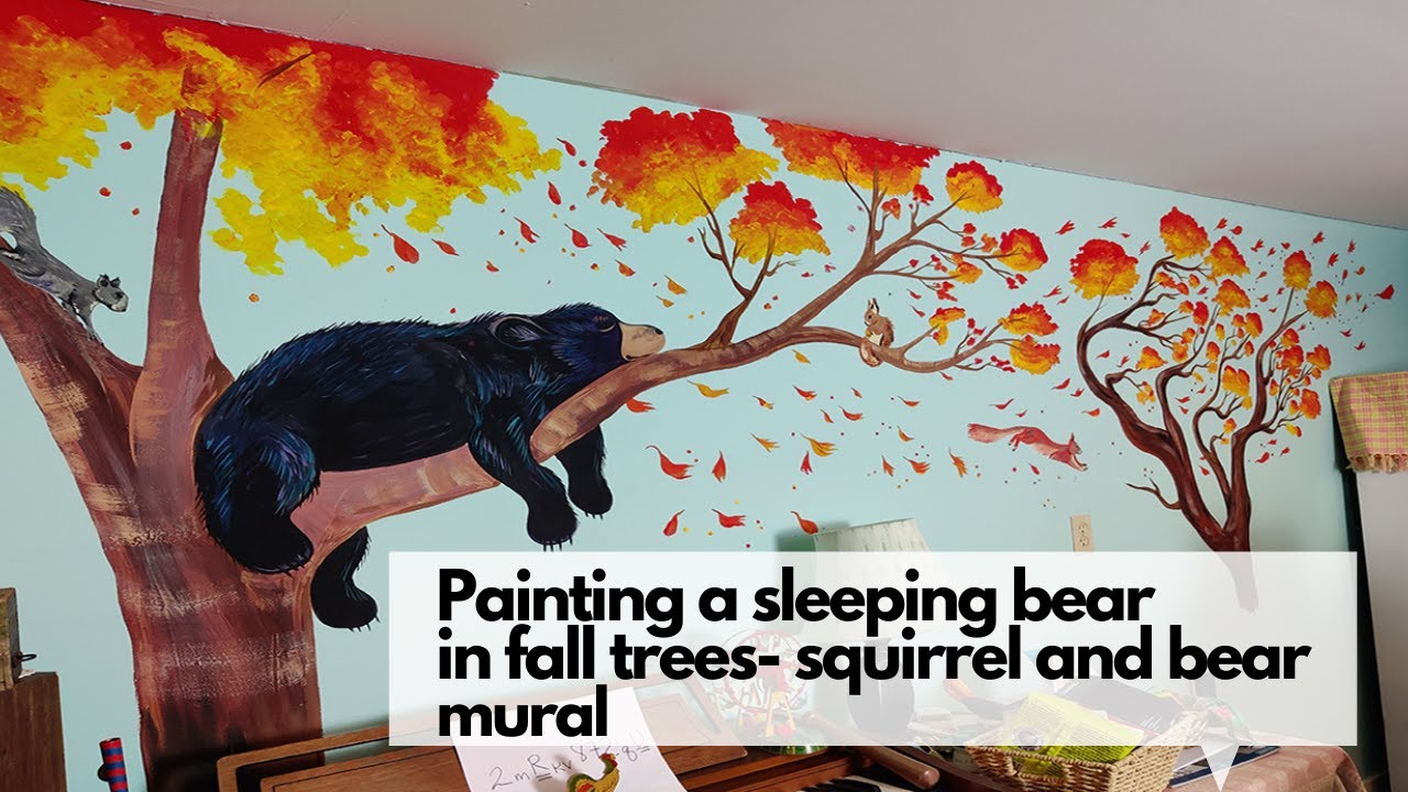 Painting a sleeping bear in fall trees- squirrel and bear mural - YouTube