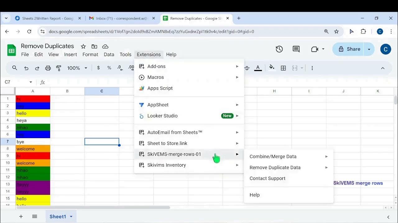 Identify and Remove Duplicate Spreadsheet Data Using Skivems merge rows add on - YouTube