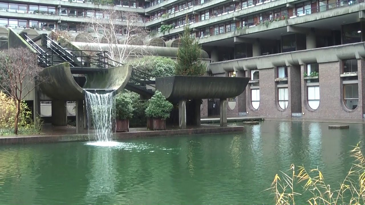 Waterfall/cascade at the Lakeside at the Barbican centre in London ...