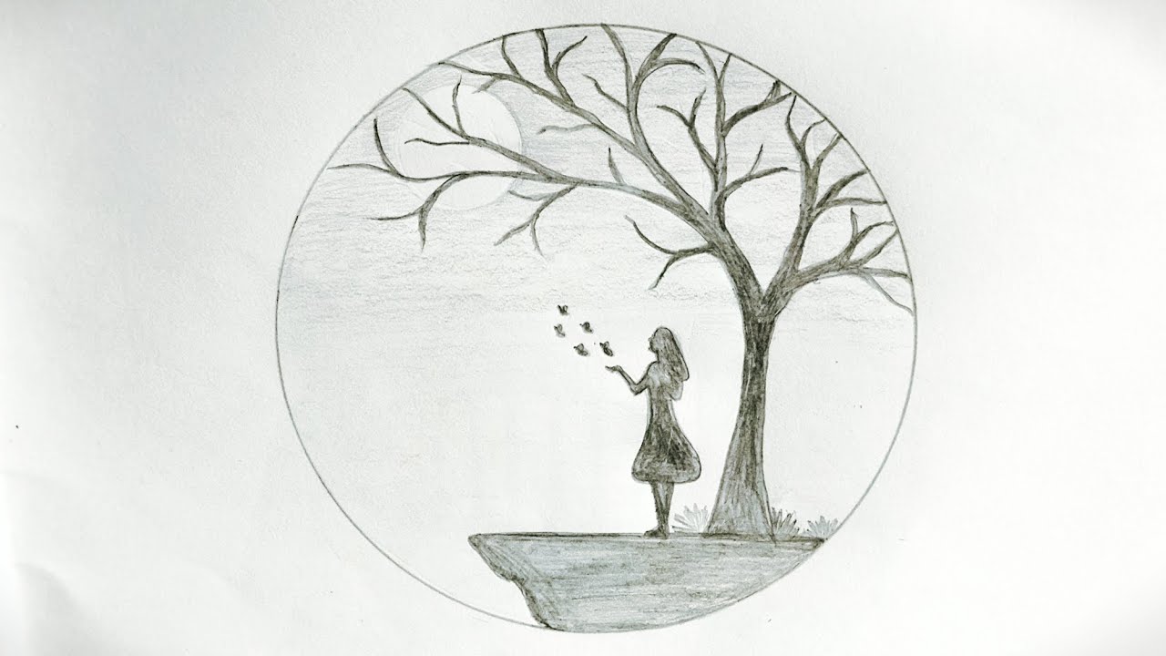 Beautiful Nature Drawing|How to draw a girl in Moonlight for beginners# ...