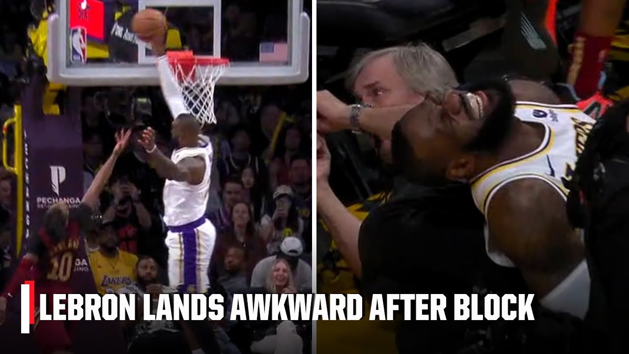 LeBron James winces in pain after landing on a cameraman | NBA on ESPN ...