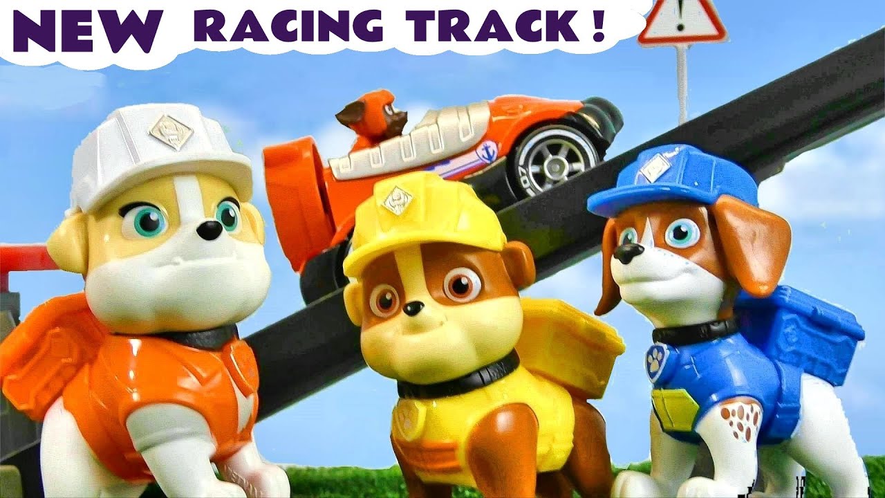 Rubble and Crew build a Car Racing Track for the Pups Cars - YouTube