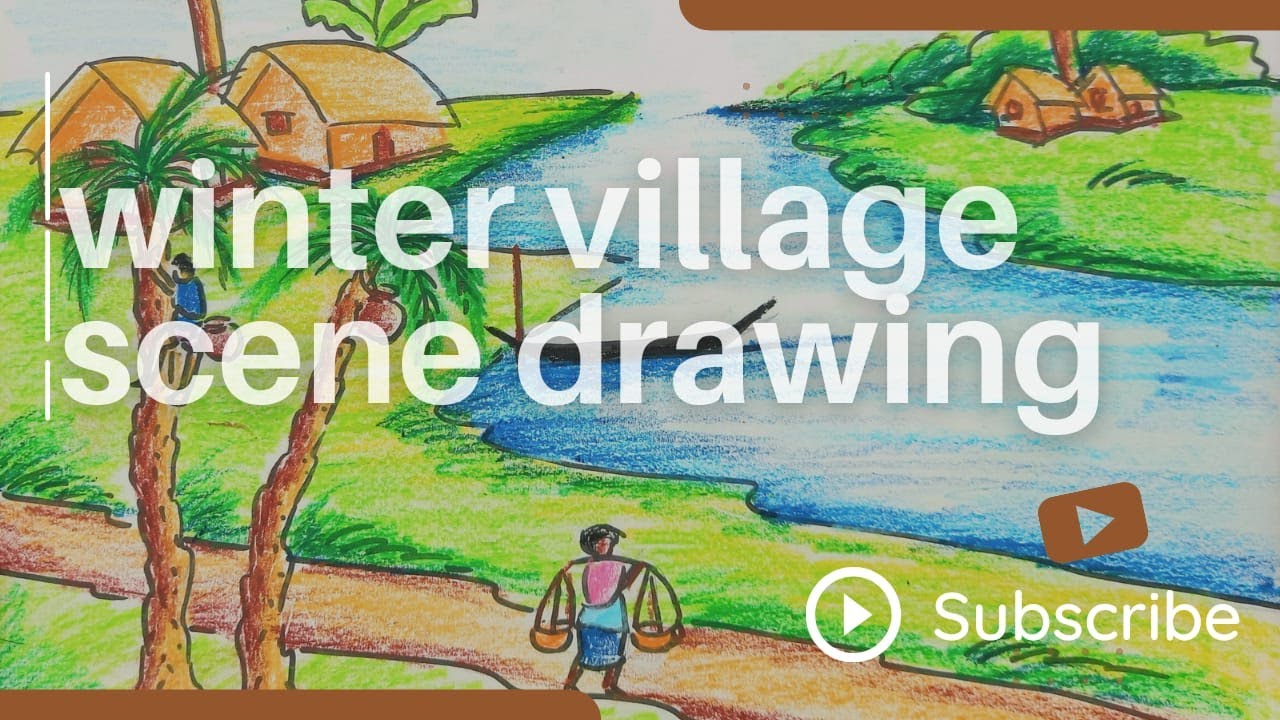 How to draw winter village scenery drawing - YouTube