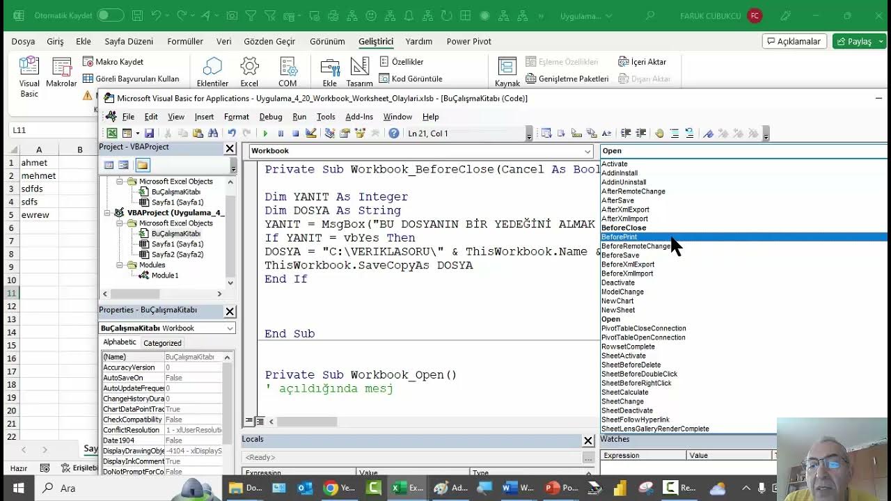 EXCEL VBA PROGRAMLAMA Uygulama 4-20- Workbook ve Worksheet Olayları - YouTube