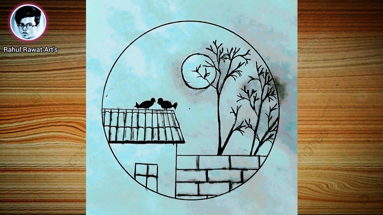 Beautiful Scenery Drawing ☺ - Easy Circle Nature Drawing - YouTube
