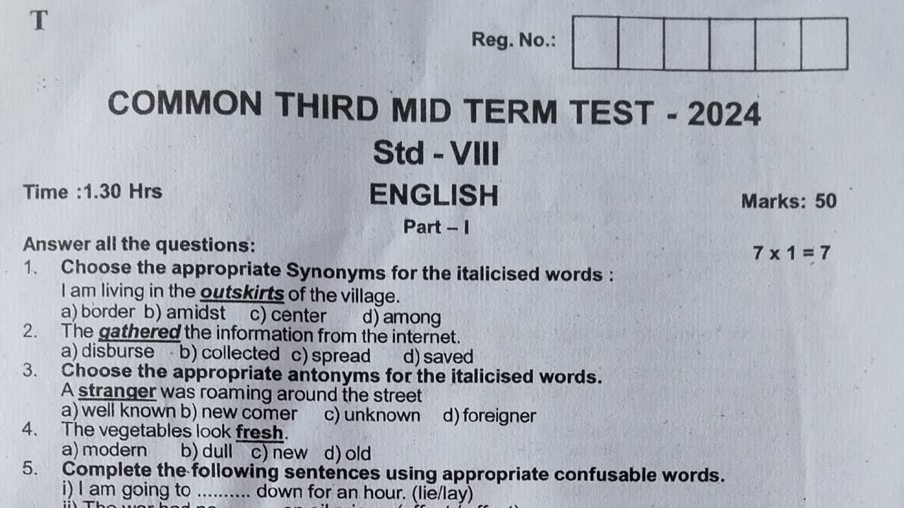 8th English Thrid Mid Term Exam original Question Paper 2024|Thoothukudi District question - YouTube