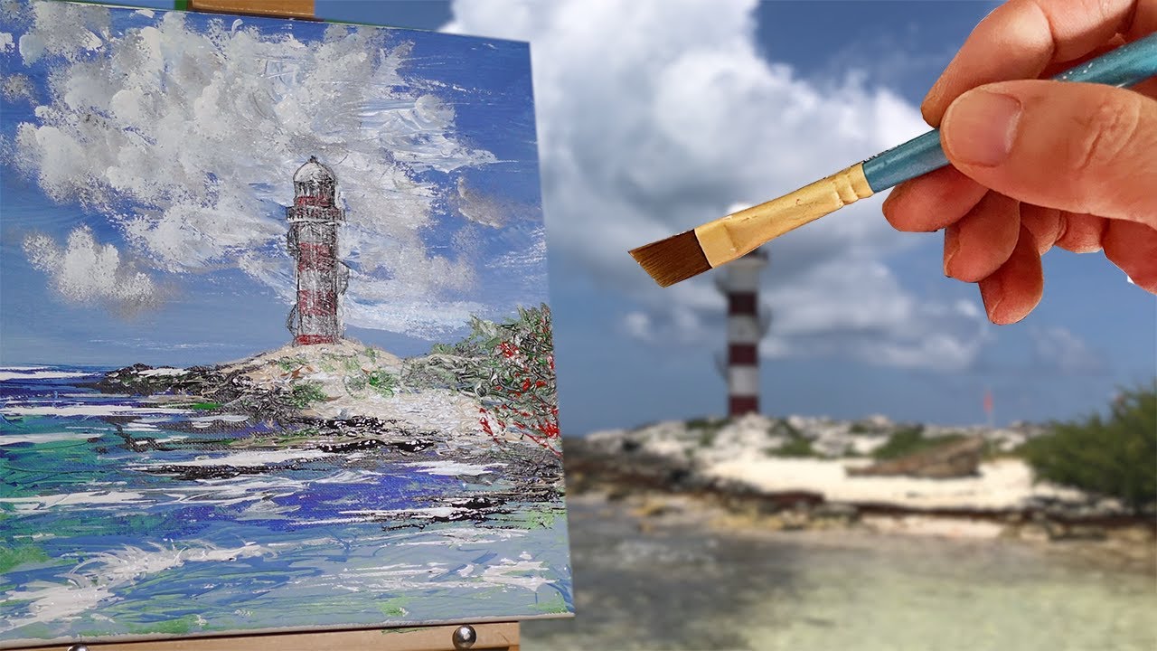 How To Paint A Beautiful Lighthouse By The Stunning Ocean - YouTube