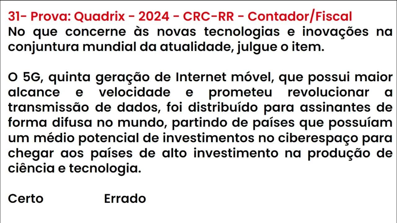31- CONHECIMENTOS GERAIS - Prova: Quadrix - 2024 - CRC-RR - Contador/Fiscal - YouTube