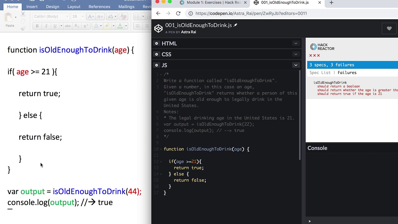 JavaScript Exercises | Hack Reactor Bootcamp Prep | Module 1: 001_isOldEnoughToDrink - YouTube
