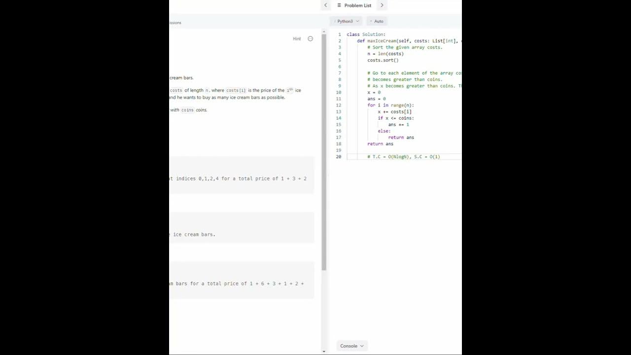 1833 Maximum Ice Cream Bars Python Array Youtube