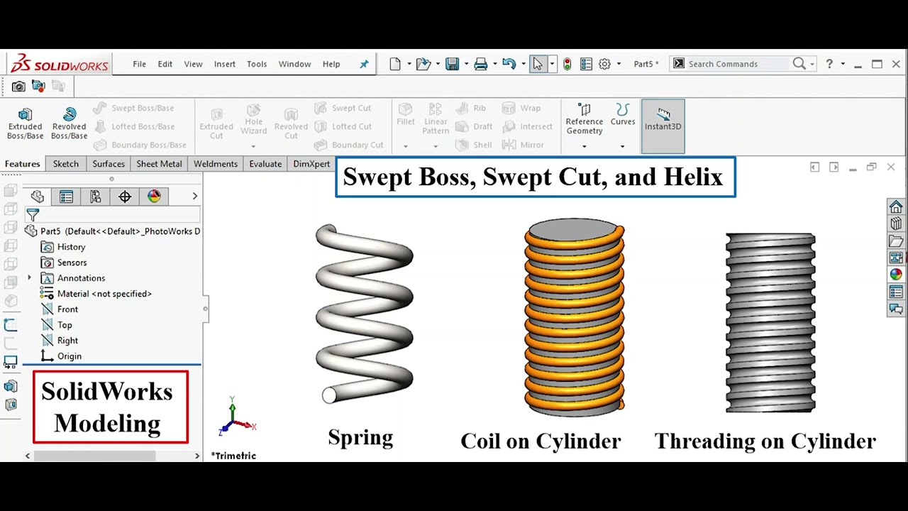 Part Modeling: Swept Boss and Swept Cut. #solidworks #cad #spring # ...