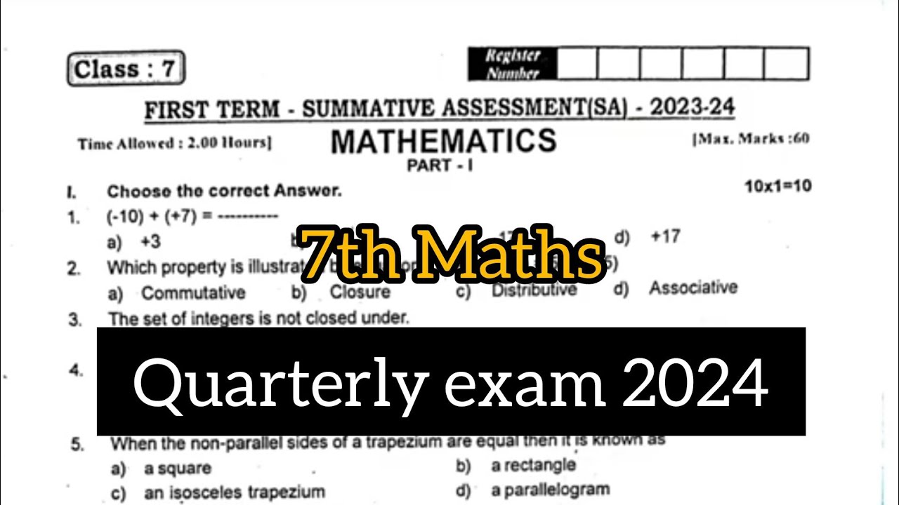 7th Maths Quarterly exam 2024 | Model question paper 2024 - YouTube