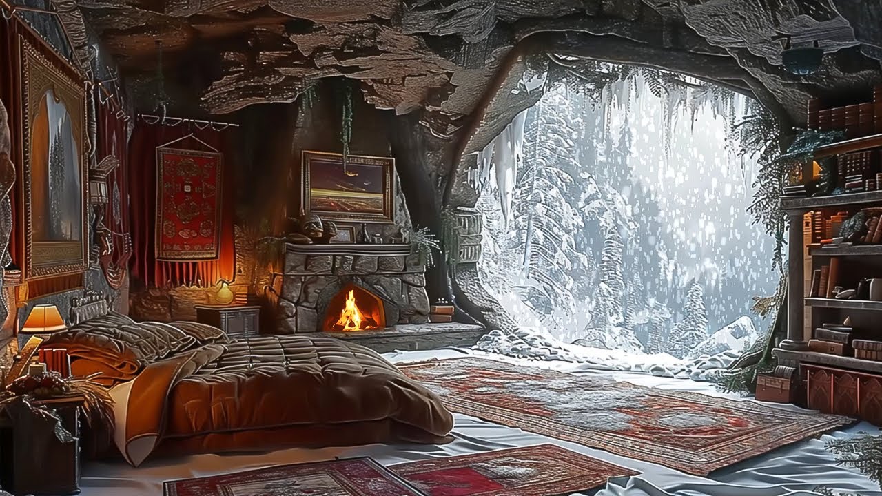 Cozy Retreat: Spending the Night in a Cave During a Snowstorm ️Campfire ...