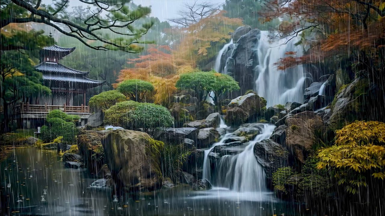Serene Autumn Rain in Japanese Waterfall Garden 🍀 Cozy Rain Ambience ...