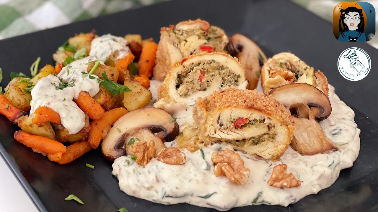 Chicken Roll with Herbs and Nuts, Served with a Creamy Mushroom and ...