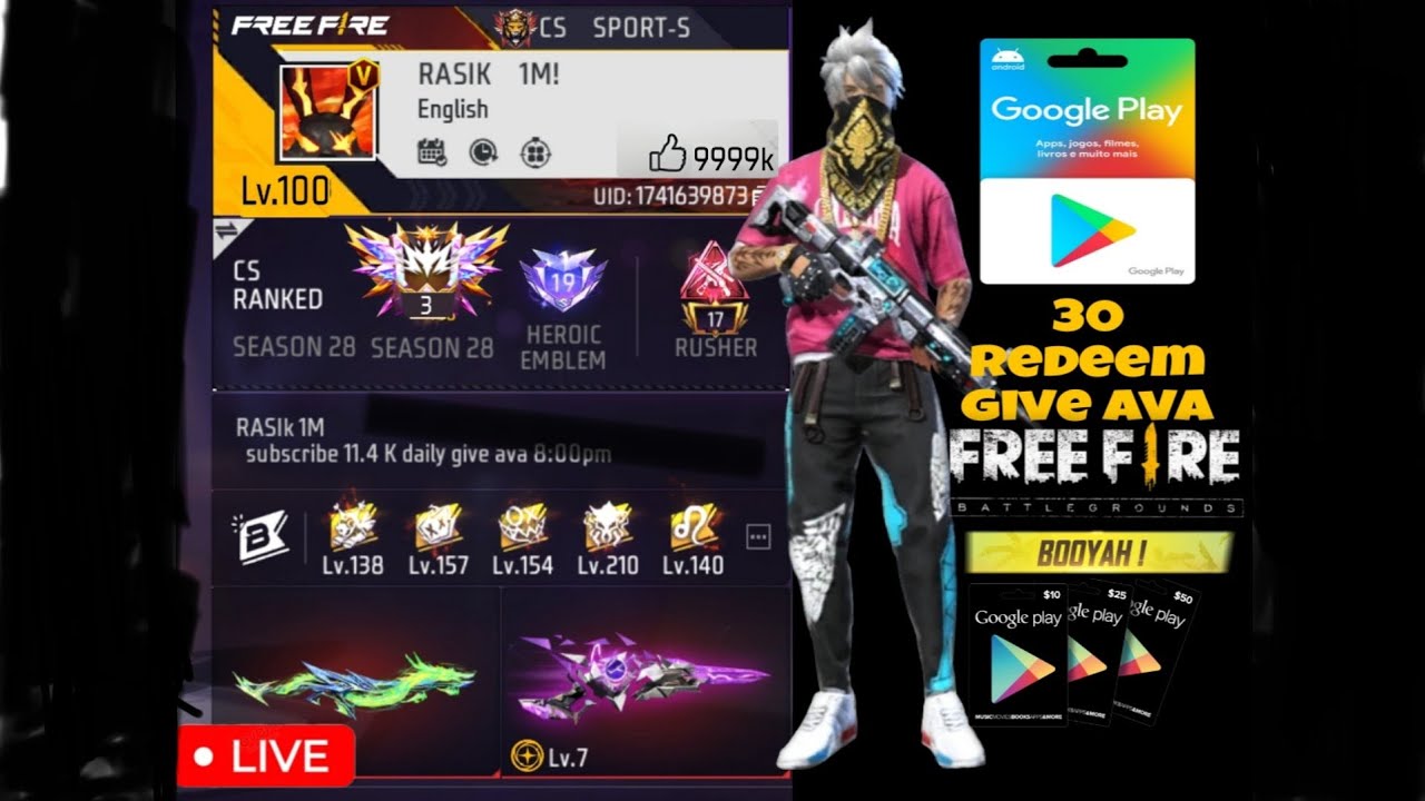 🔴RASIK 1M IS LIVE // GIVE 30 redeem gift//costom give # free fire live ...