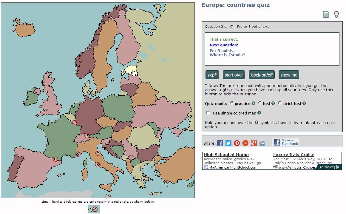 Sample of European countries geography quiz using Chrome browser (no ...