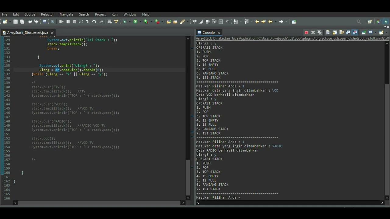 eclipse workspace AlgoIF src algo dina lestari Array Stack Dina Lestari java Eclipse IDE ...