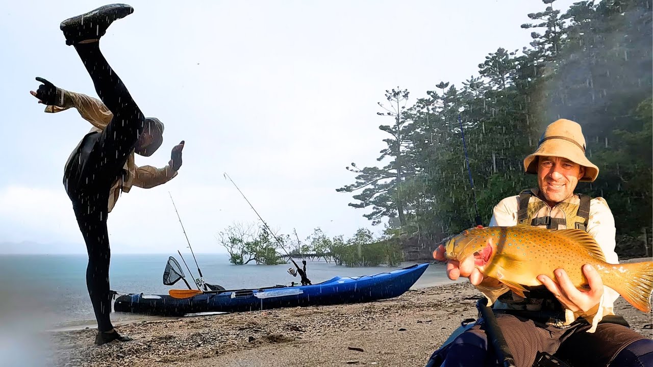 Alone Kayak camping in a Storm in the Tropics for Three Nights, Pan fried Coral Trout Catch ...