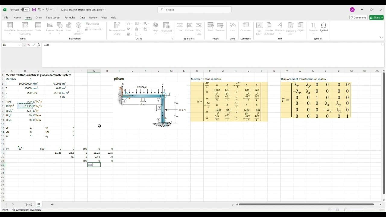 Matrix analysis of frame Ex3 1/2 ใช้Excel ช่วยแก้โจทย์ด้วยวิธีstiffness method - YouTube