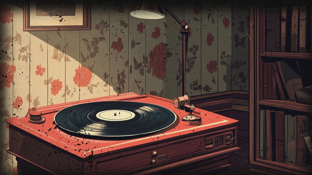 a snowy evening by the record player with oldies playing in the another ...