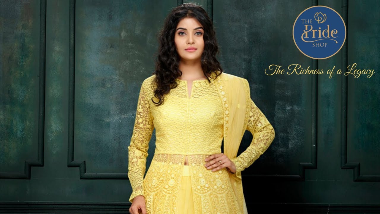 Lemon yellow boat neck & Full Sleeve Embroidery work Lehenga | The ...