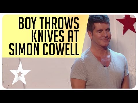 Shocking moment 11 year old Edward Pinder throws knives at Simon Cowell ...