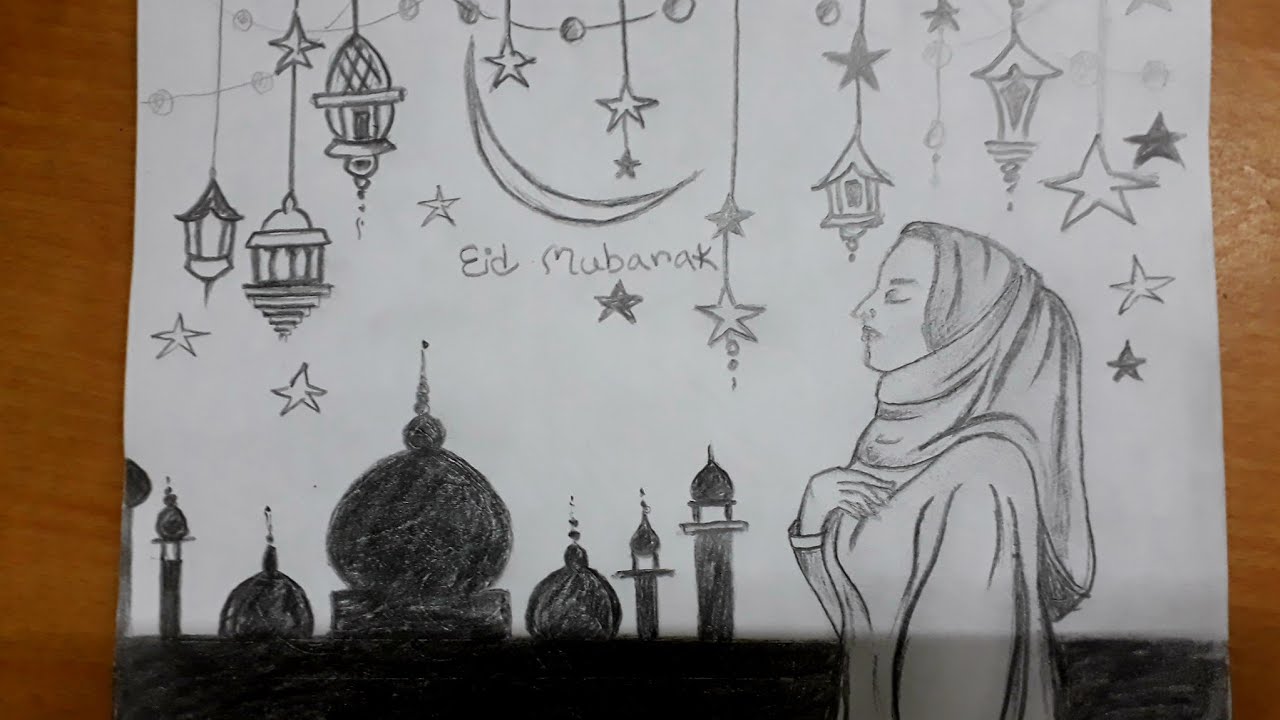 How to draw Eid Festival drawing || beautiful girl drawing || pencil ...