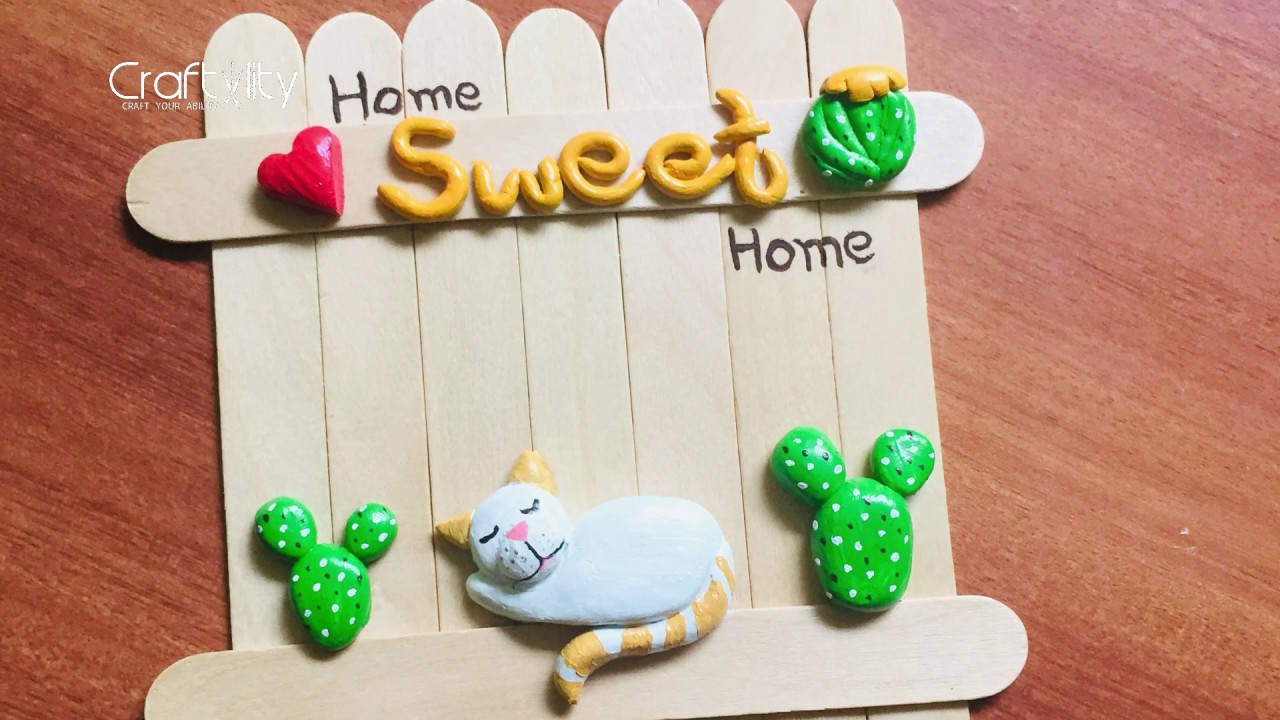 Easy DIY Popsicle Clay Craft | Easy Cute Clay Cat | Popsicle Wall ...
