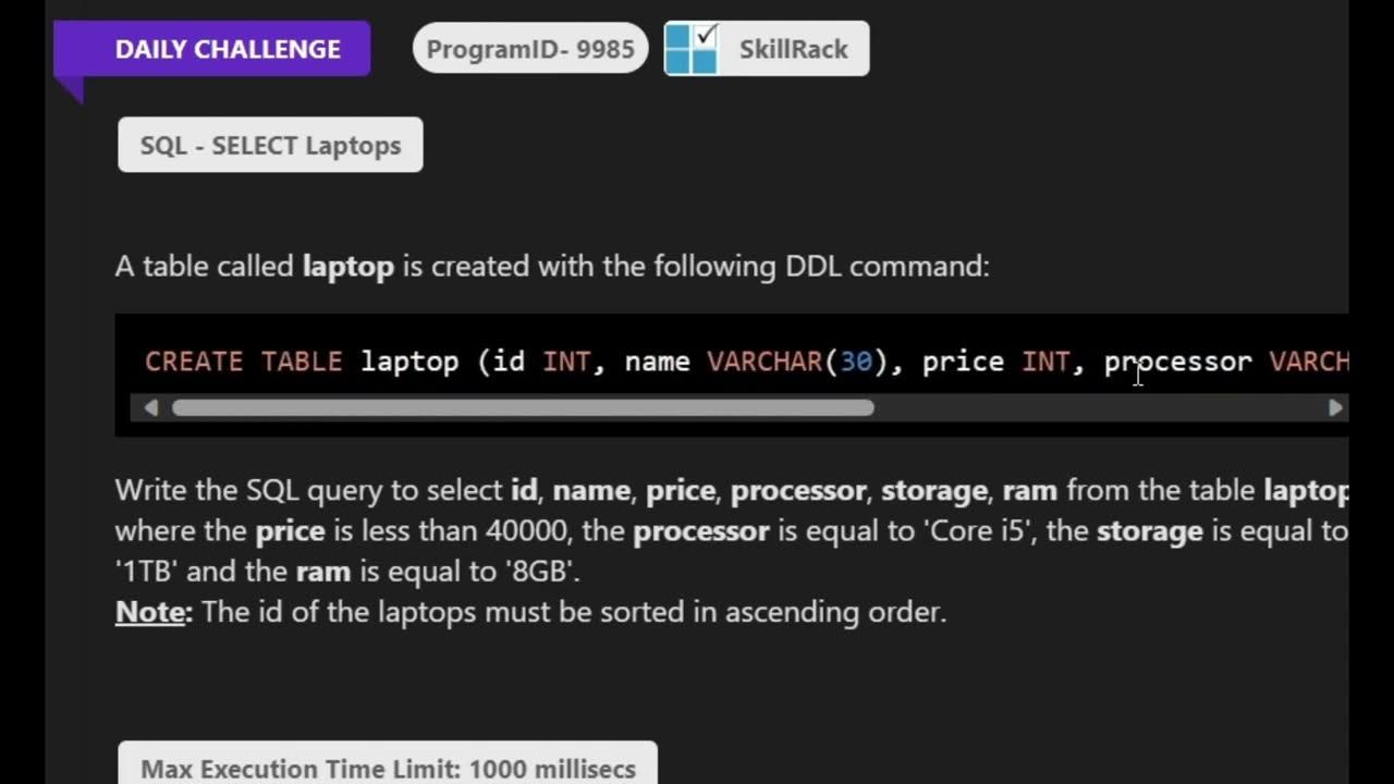 SkillRack - Daily Challenge - SQL - SELECT Laptops (Program Id: 9985 ...