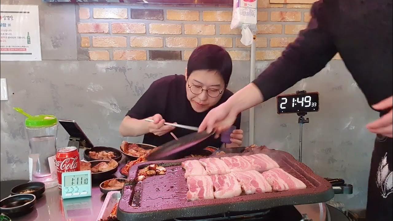 도전먹방 최강자 유노님 기록 1시간32분안에 31인분 삼겹살 5 58kg 31인분 다먹으면 100만원 1시간 16분 [신김치