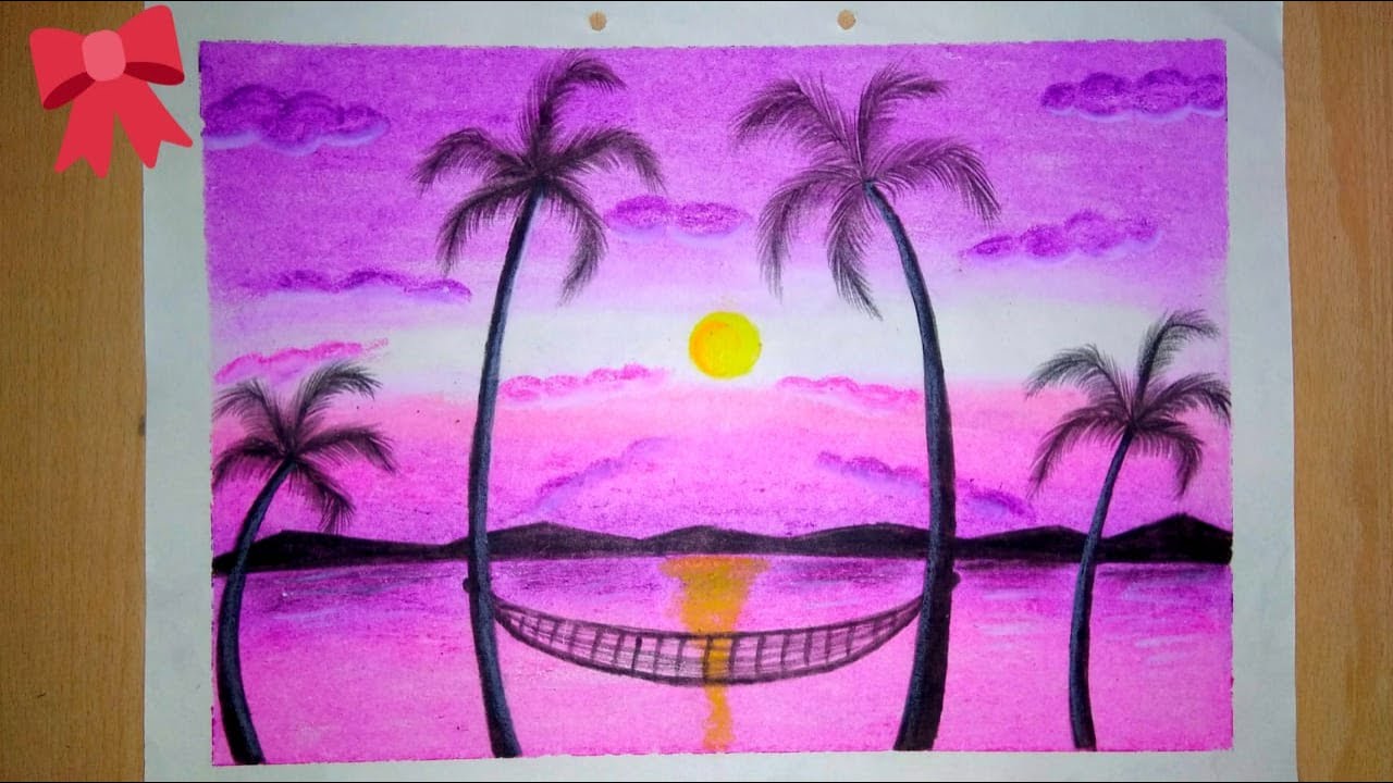 PINK SUNSET WITH COCONUT TREES OIL PASTEL SCENERY DRAWING | Easy Steps ...
